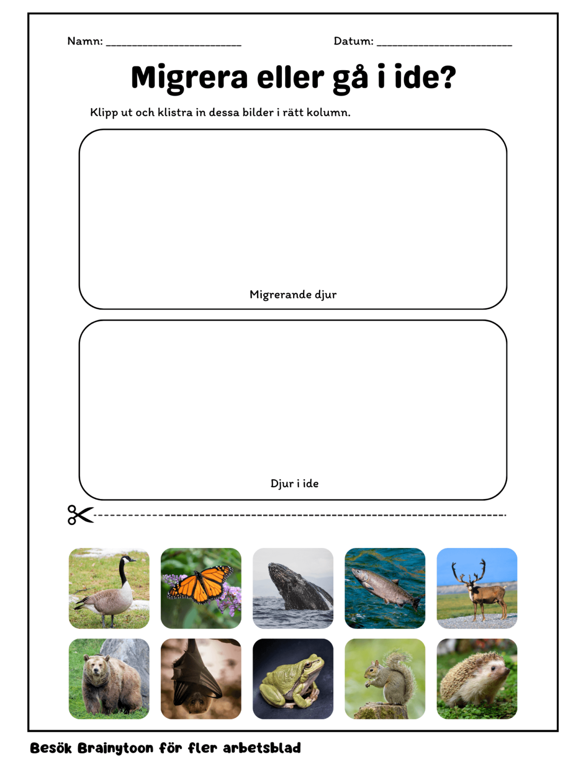 Djur som går i ide med arbetsblad för förskola och åk 1