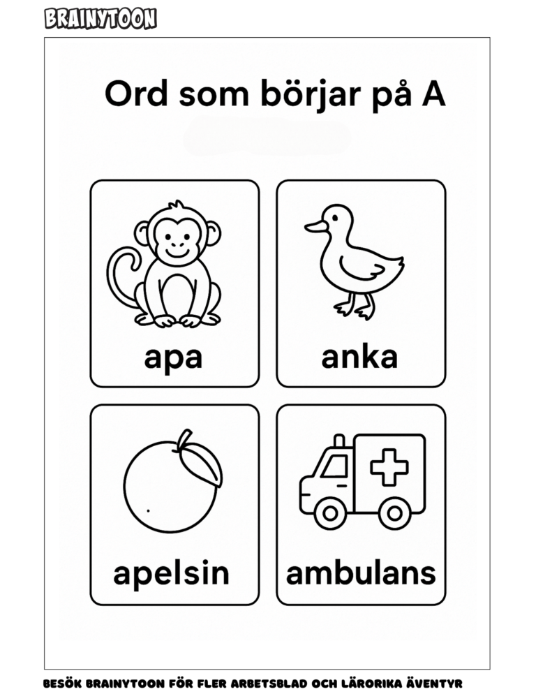 Bokstaven A – Ord som börjar på A för barn