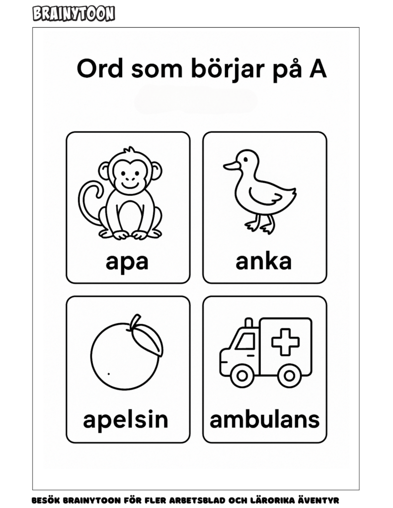 Bokstaven A – Ord som börjar på A för barn
